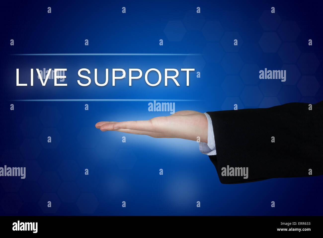 live support button with business hand on blue background Stock Photo ...