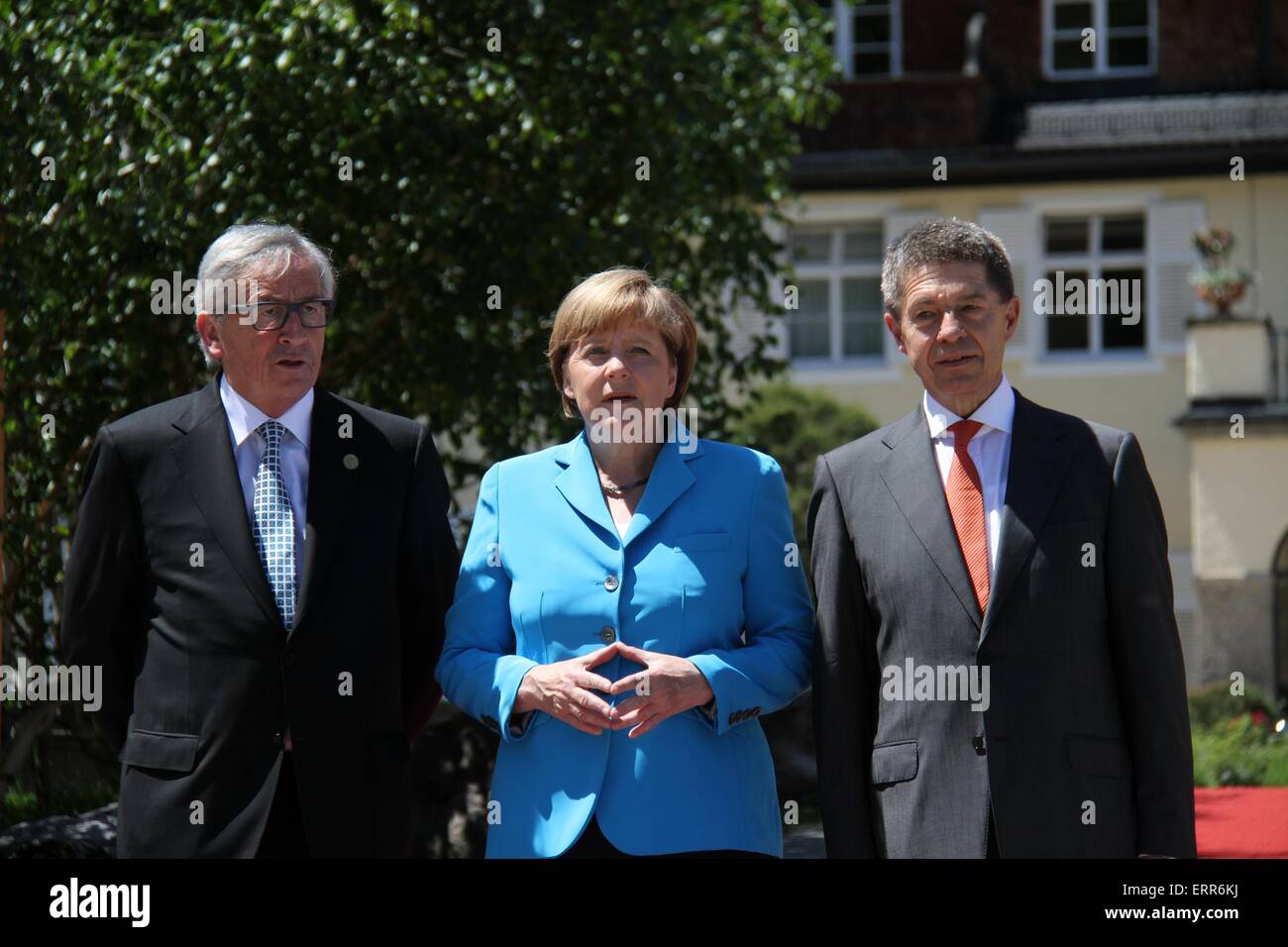 Elmau, Germany. 7th June, 2015. German Chancellor Angela Merkel (C ...