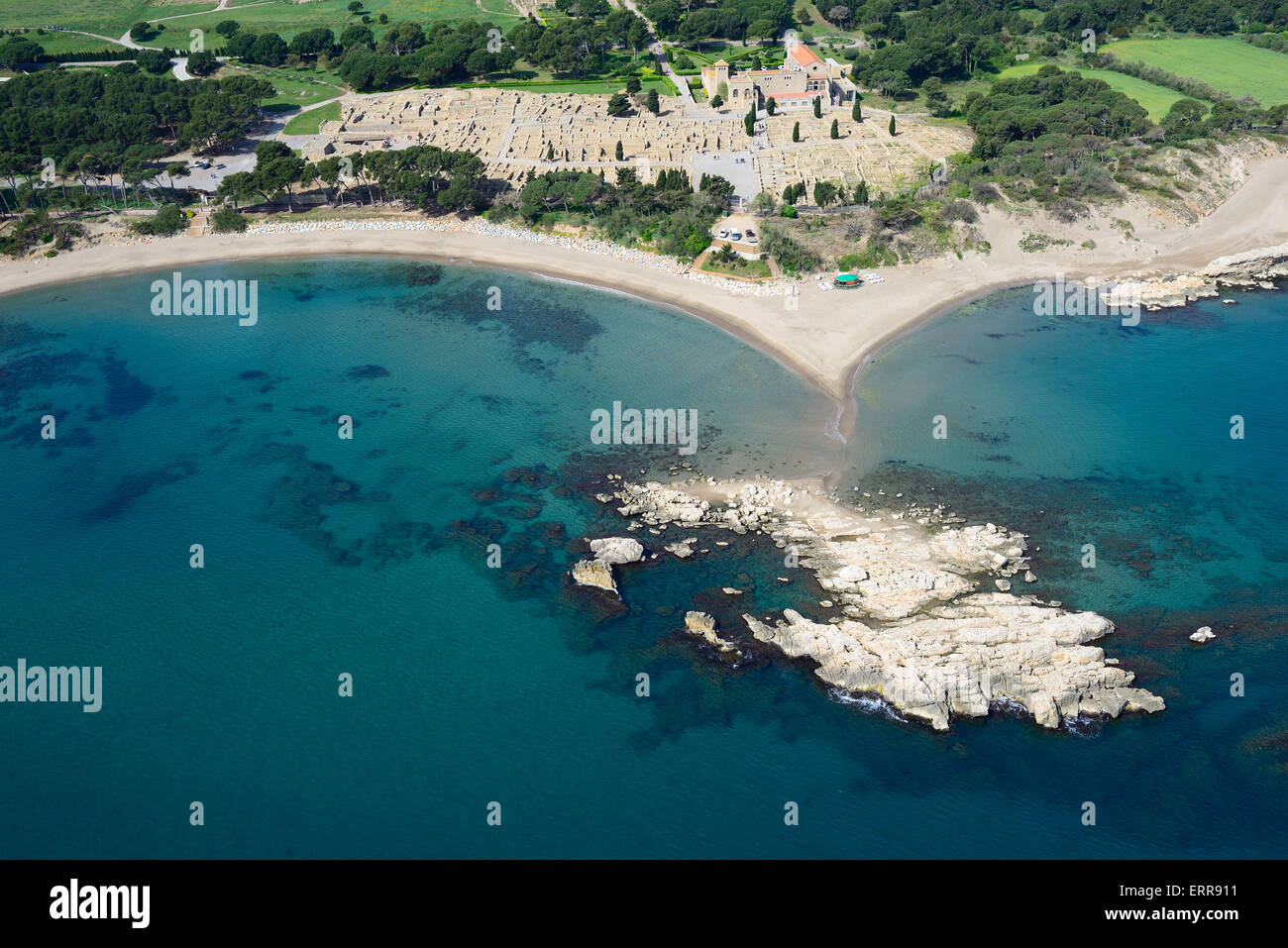 AERIAL VIEW. Ruins of an ancient Greek city on the Catalonian coast ...