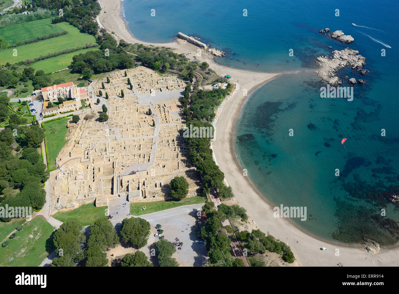 AERIAL VIEW. Ruins of an ancient Greek city on the Catalonian coast ...