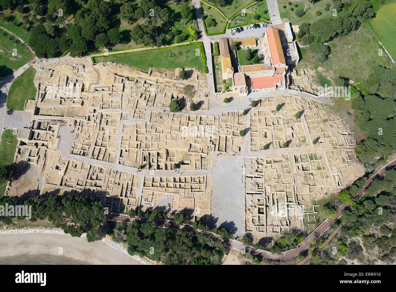AERIAL VIEW. Ruins of an ancient Greek city on the Catalonian coast ...