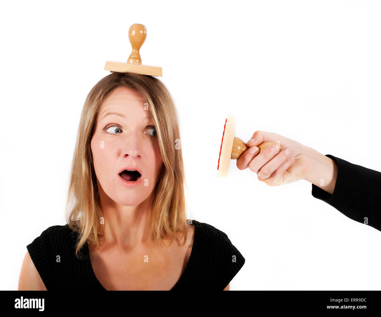 woman with rubber stamp on her head Stock Photo - Alamy