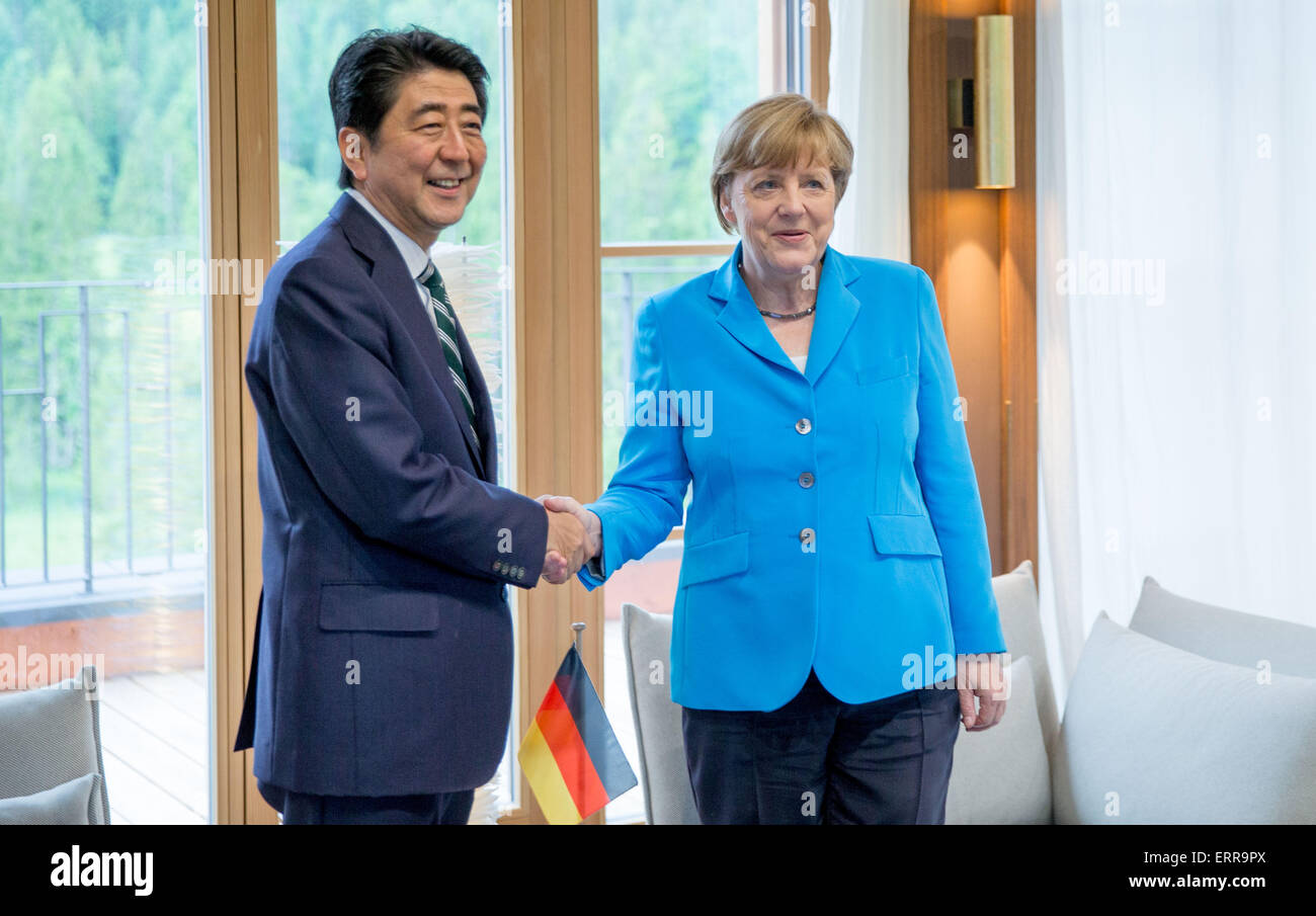 Elmau, Germany. 07th June, 2015. German Chancellor Angela Merkel standa ...