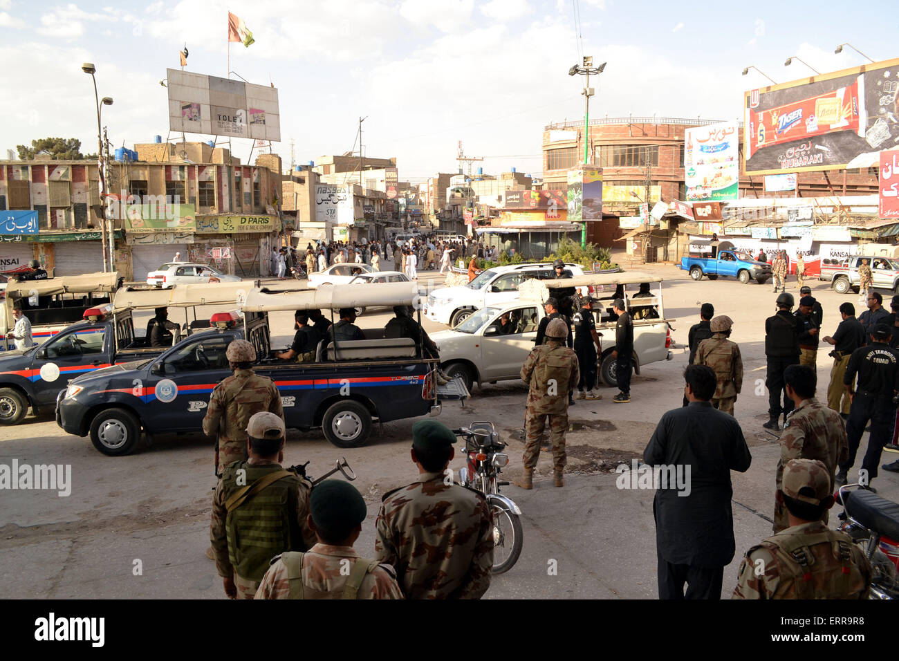 Quetta. 7th June, 2015. Pakistani soldiers cordon off the attack site ...