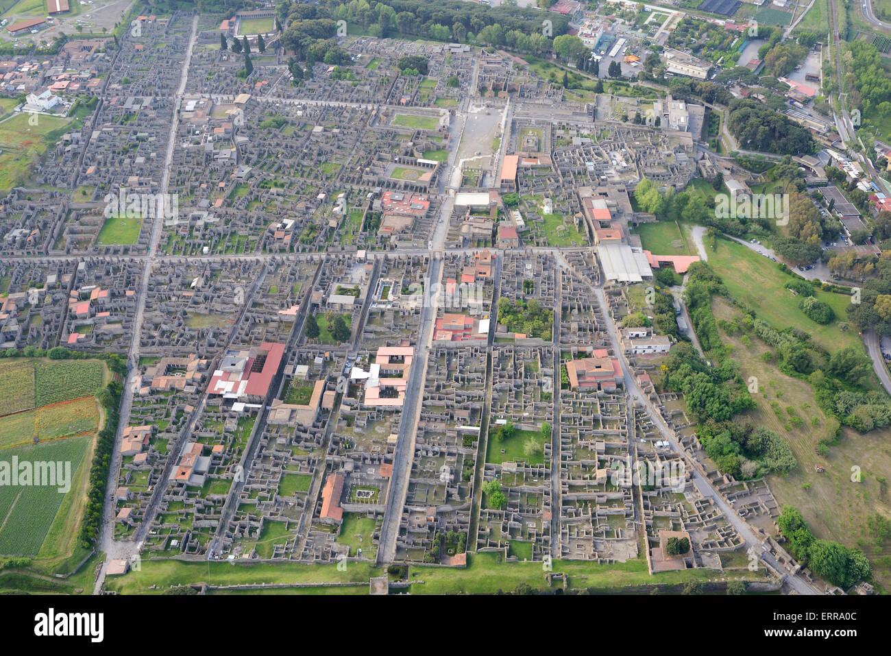 AERIAL VIEW. Ruins of the ancient city of Pompeii. Metropolitan city of ...