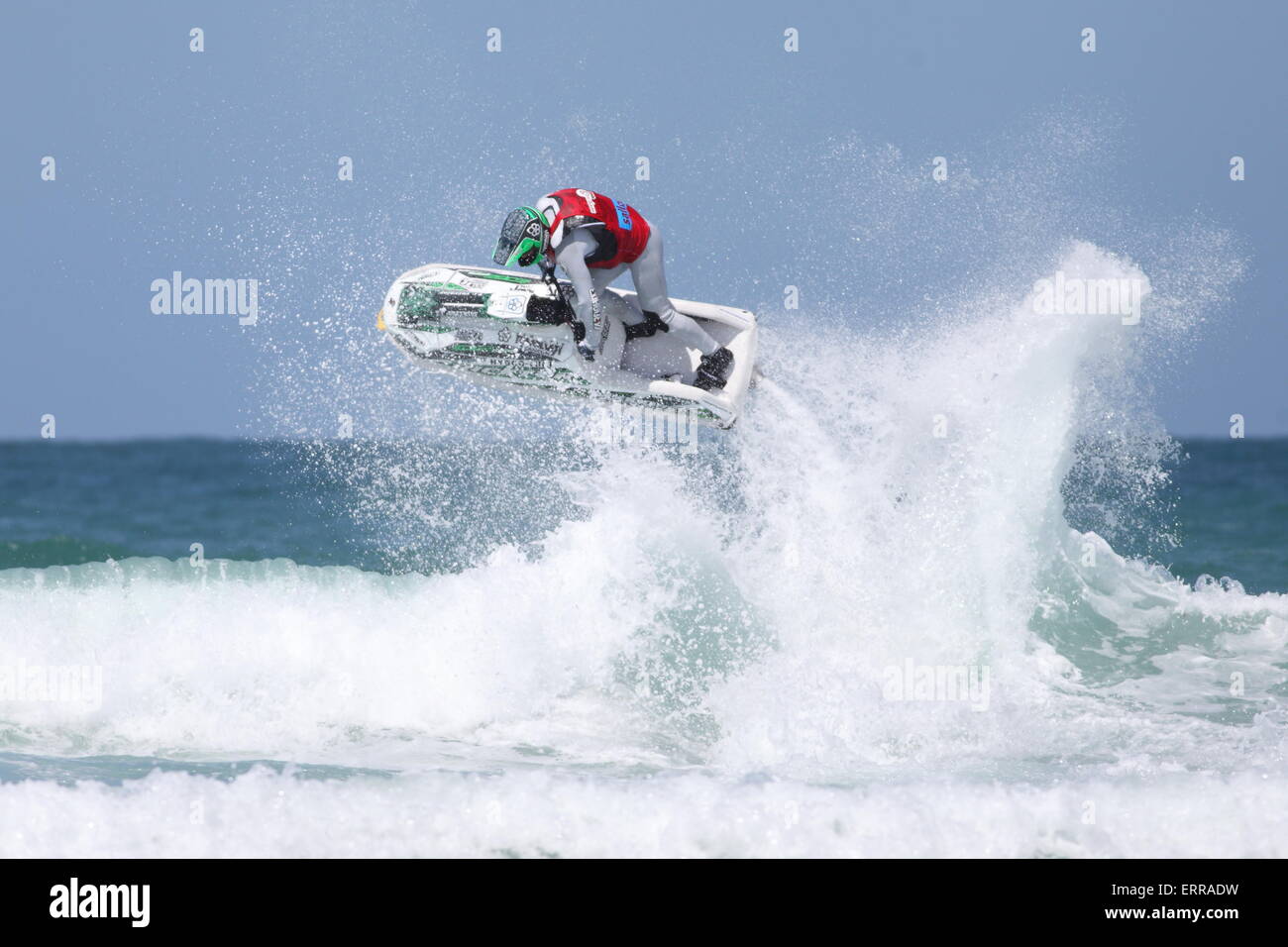 Fistral Beach, Newquay, Cornwall, UK. 7th June, 2015. Jet ski riders ...