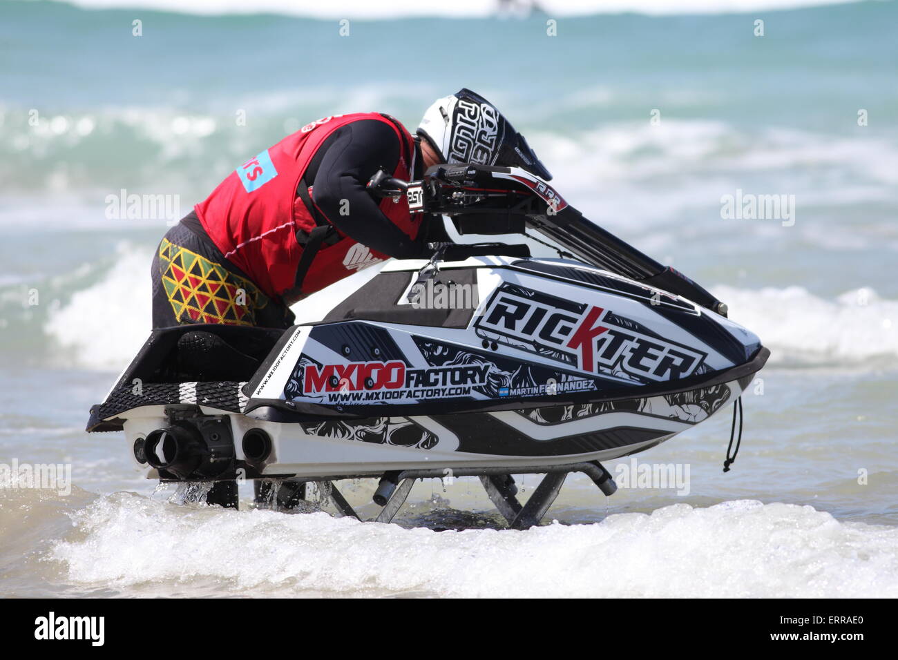 Fistral Beach, Newquay, Cornwall, UK. 7th June, 2015. Jet ski riders ...
