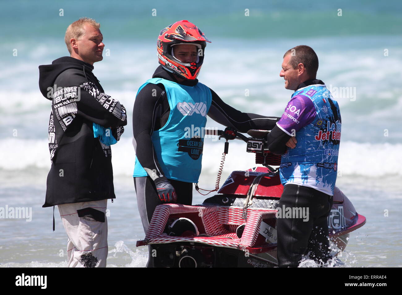 Fistral Beach, Newquay, Cornwall, UK. 7th June, 2015. Jet ski riders ...