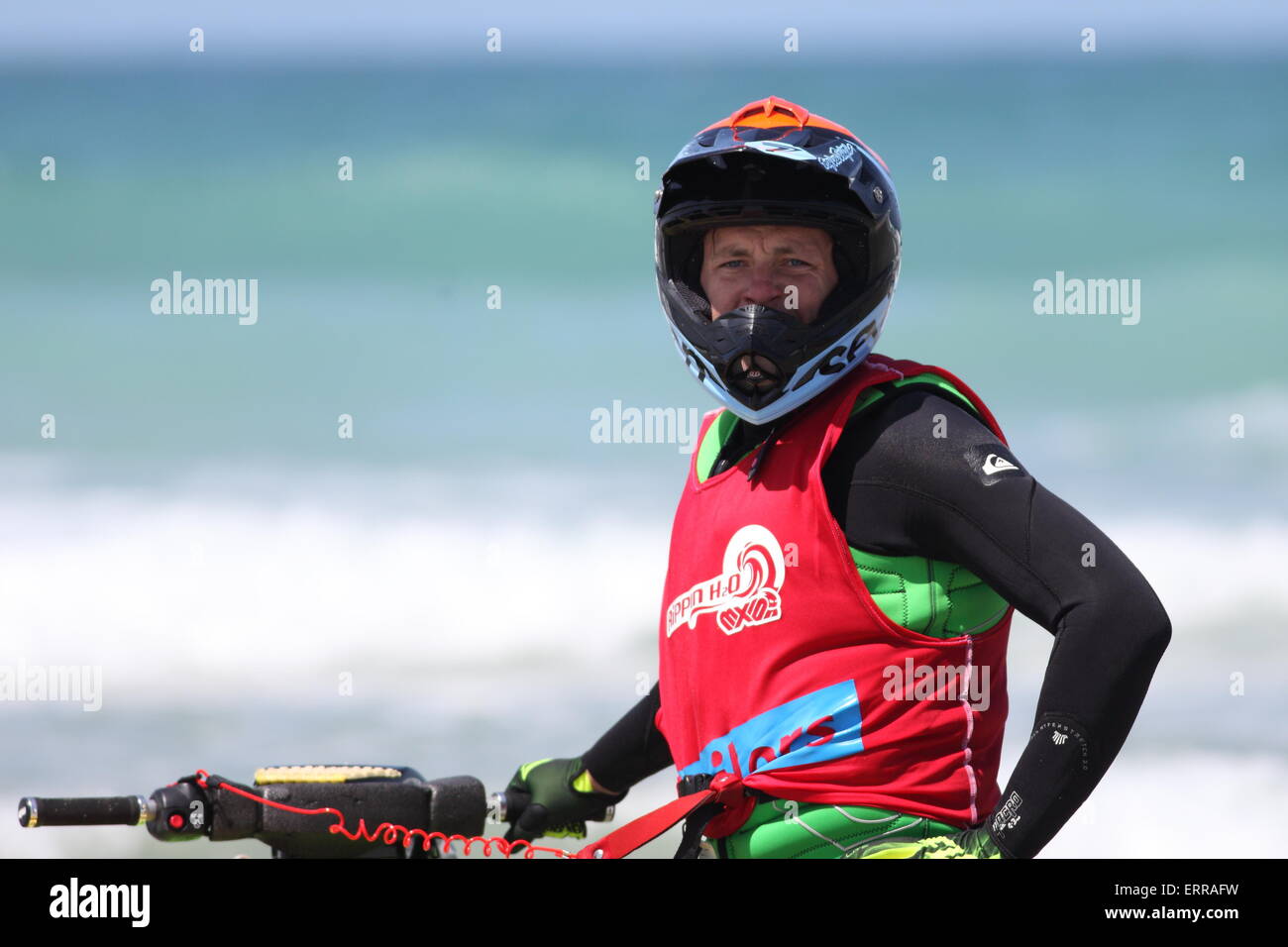 Fistral Beach, Newquay, Cornwall, UK. 7th June, 2015. Jet ski riders ...