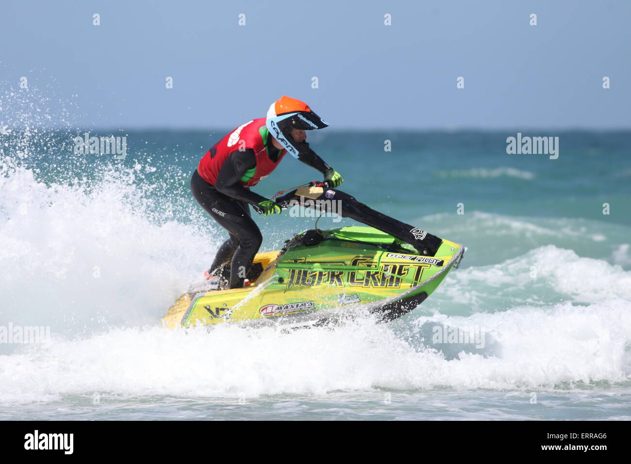 Fistral Beach, Newquay, Cornwall, UK. 7th June, 2015. Jet ski riders ...