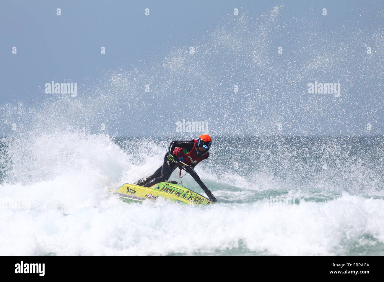 Fistral Beach, Newquay, Cornwall, UK. 7th June, 2015. Jet ski riders ...
