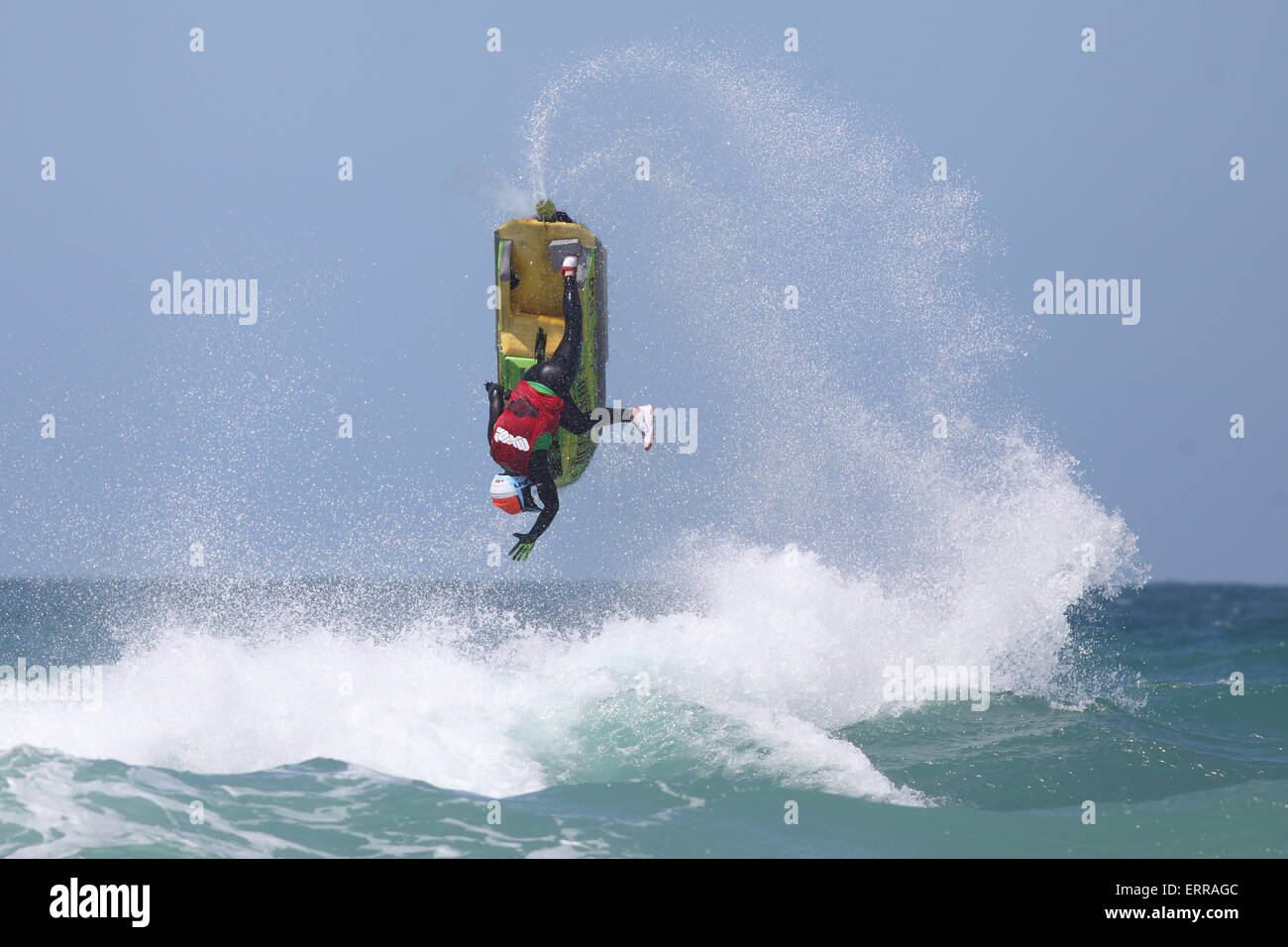 Fistral Beach, Newquay, Cornwall, UK. 7th June, 2015. Jet ski riders ...