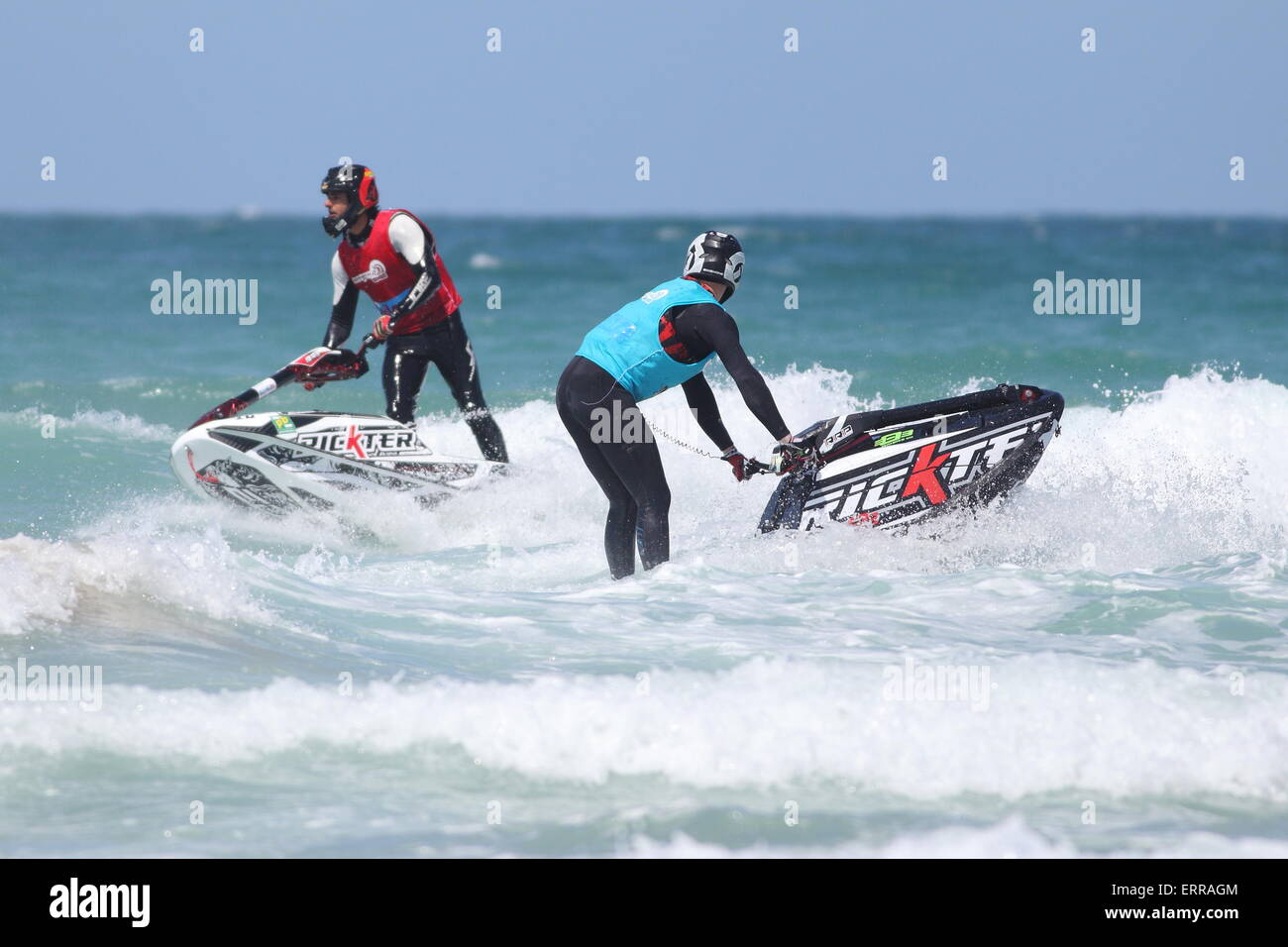Fistral Beach, Newquay, Cornwall, UK. 7th June, 2015. Jet ski riders ...