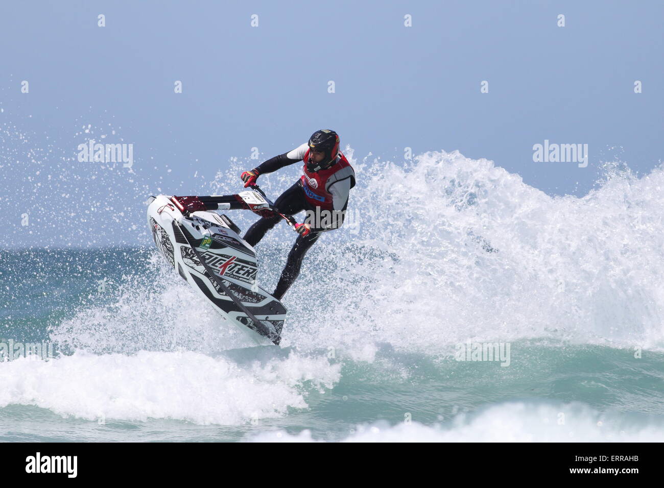 Fistral Beach, Newquay, Cornwall, UK. 7th June, 2015. Jet ski riders ...