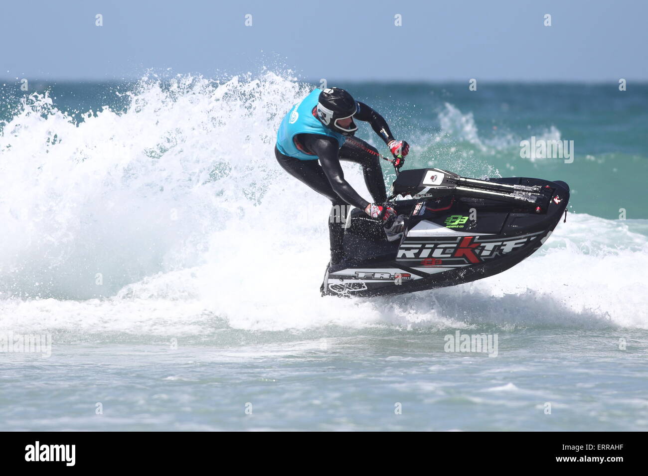 Fistral Beach, Newquay, Cornwall, UK. 7th June, 2015. Jet ski riders ...