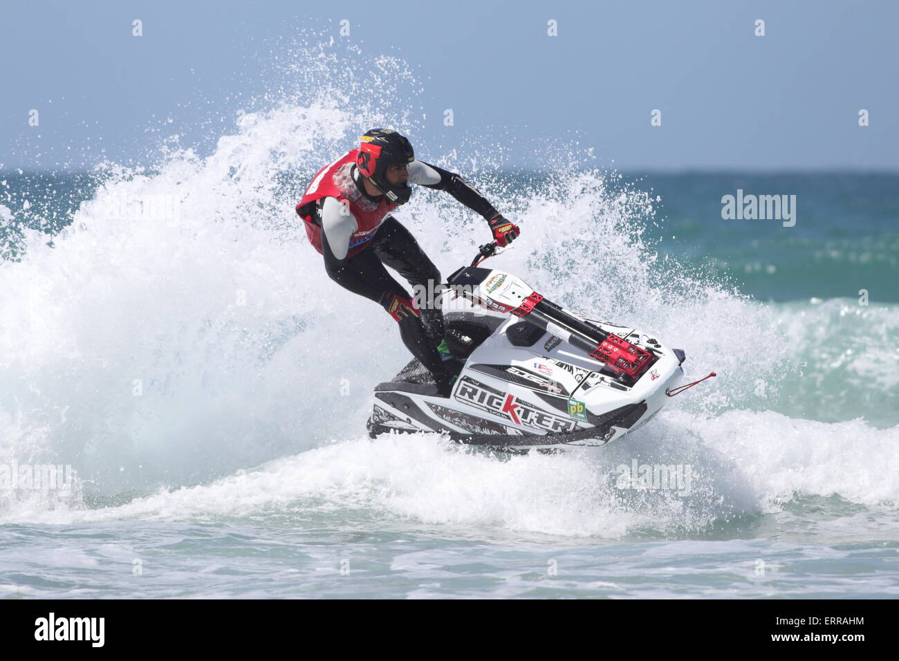 Fistral Beach, Newquay, Cornwall, UK. 7th June, 2015. Jet ski riders ...