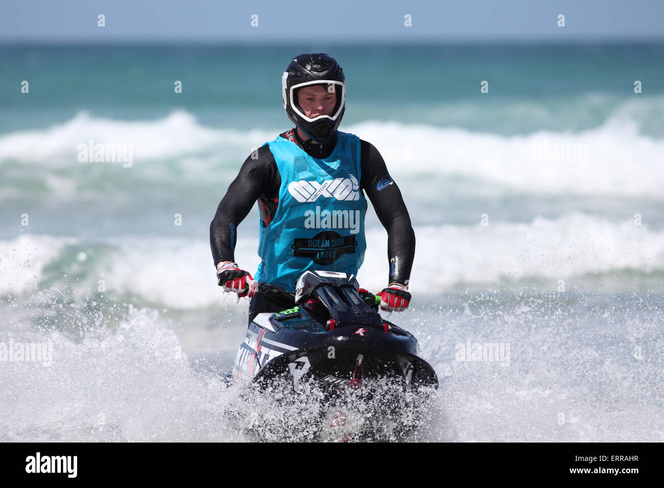 Fistral Beach, Newquay, Cornwall, UK. 7th June, 2015. Jet ski riders ...