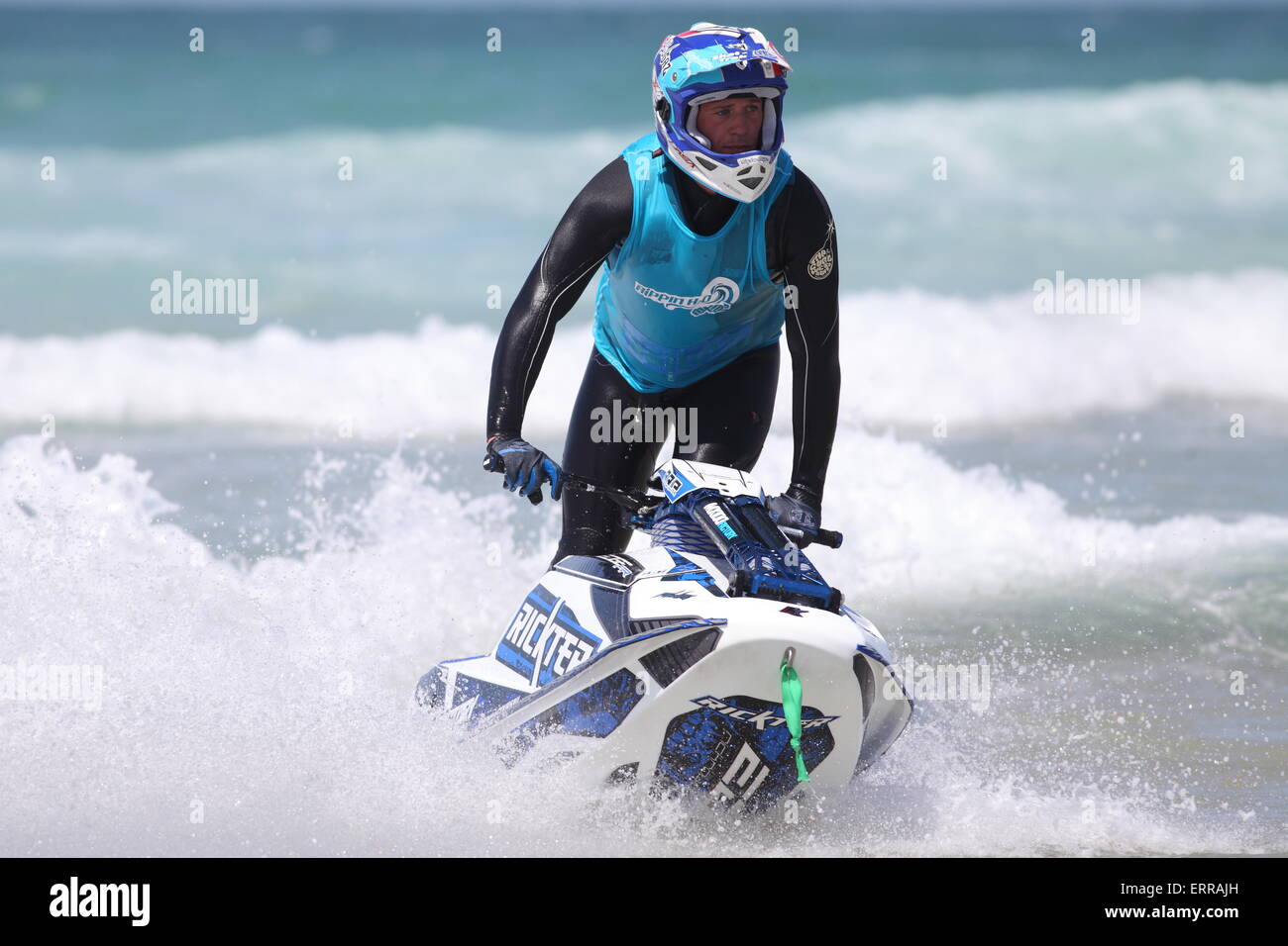 Fistral Beach, Newquay, Cornwall, UK. 7th June, 2015. Jet ski riders ...