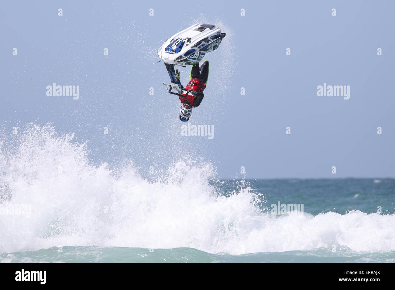 Fistral Beach, Newquay, Cornwall, UK. 7th June, 2015. Jet ski riders ...