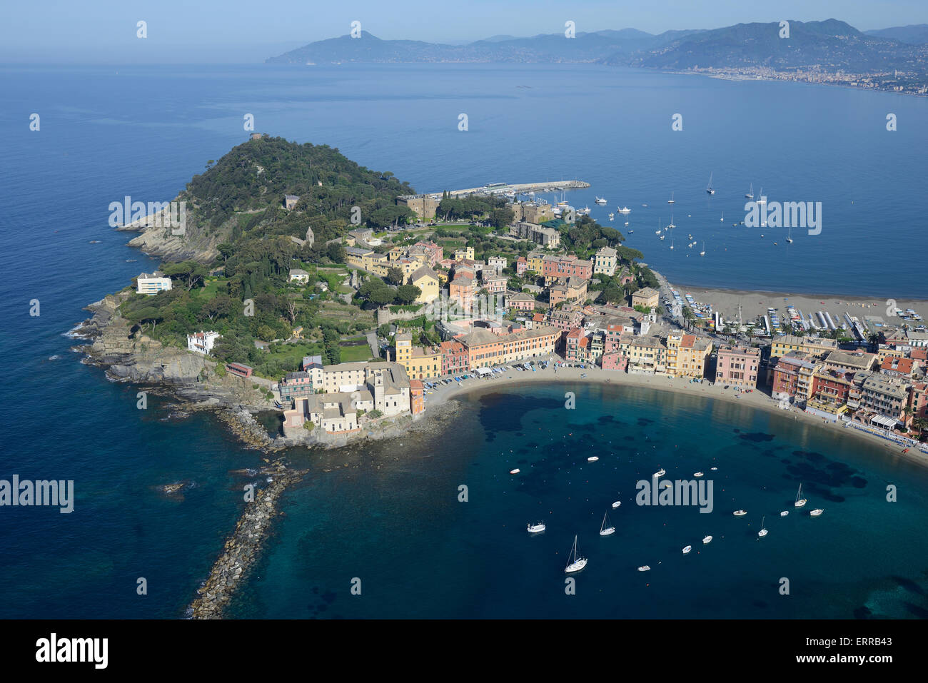 AERIAL VIEW. Seaside resort and fishing village on a picturesque ...