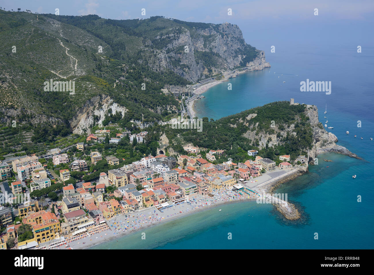 AERIAL VIEW. Picturesque seaside resort on a mountainous coast ...