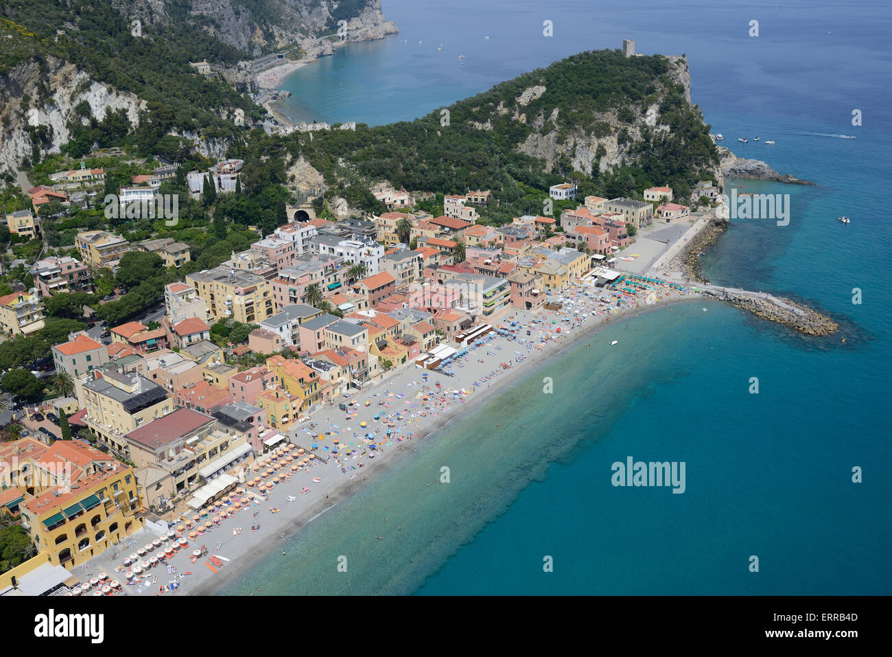 AERIAL VIEW. Picturesque seaside resort on a mountainous coast ...