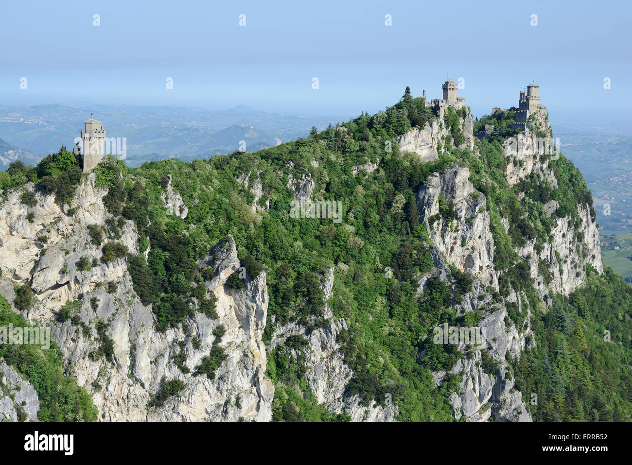 AERIAL VIEW. The three castles of Mount Titano, left to right: Montale ...