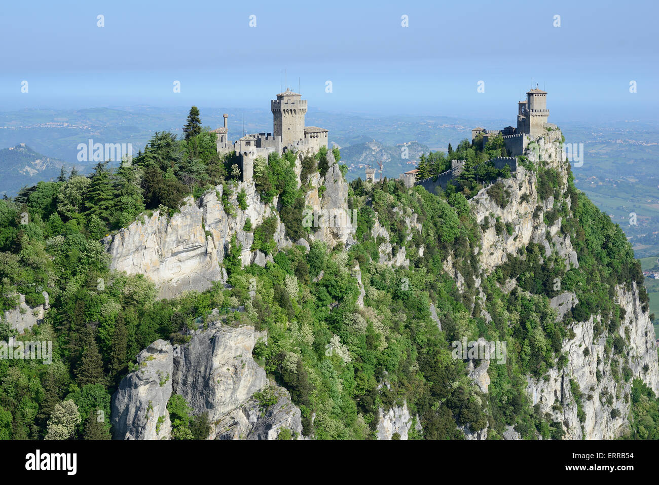 AERIAL VIEW. Two ot the three castles of Mount Titano, left to right ...