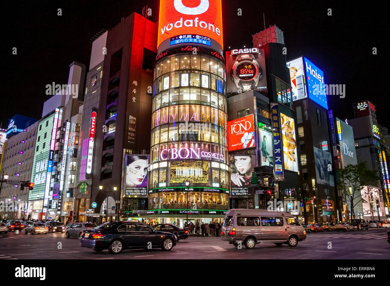The Ginza in Tokyo at night. The famous Sanai building with massive ...