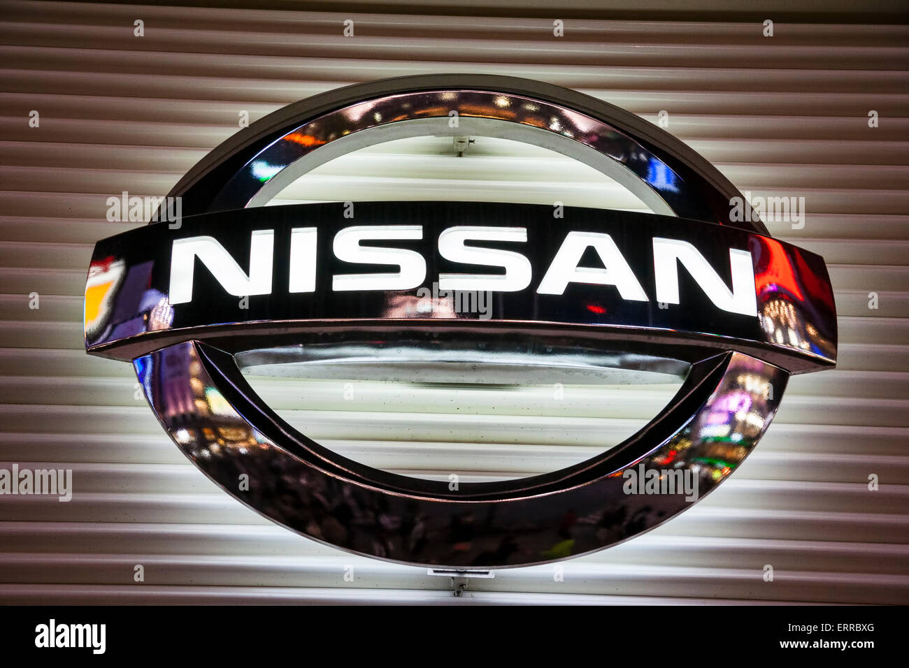 Nissen car manufacture logo sign on white lined facade in the Ginza ...