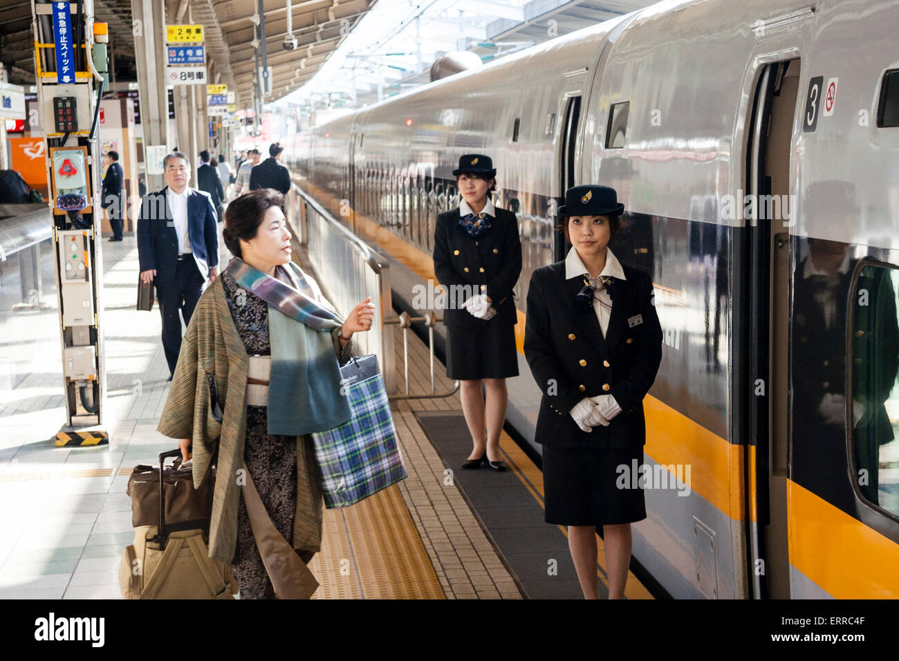 Japan, Shin-Osaka station. View along a bullet train, shinkansen, has ...