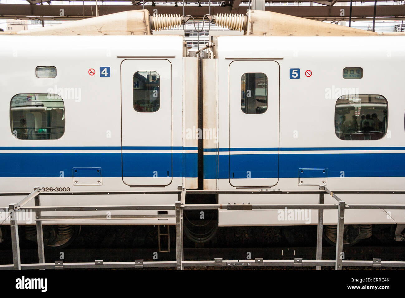 Close up, Japanese N700 shinkansen, bullet train, showing the end doors ...