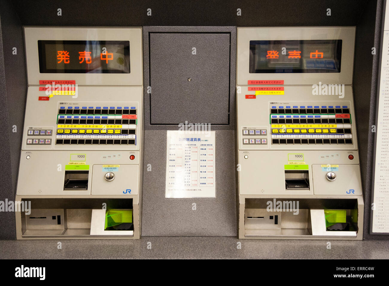 Japanese railway ticket machine with rows of buttons for difference ...