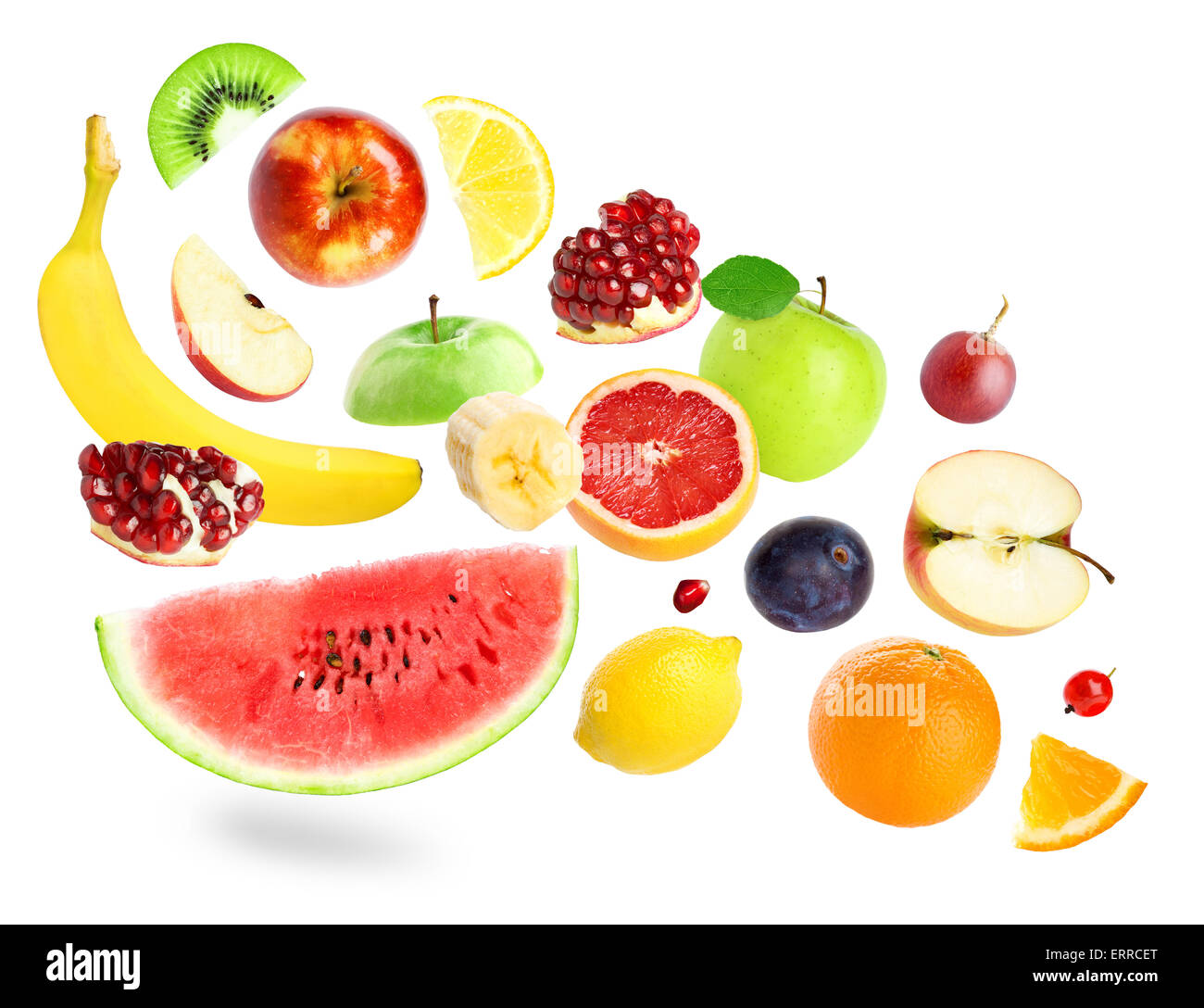Falling color fruits and berries on white background Stock Photo - Alamy