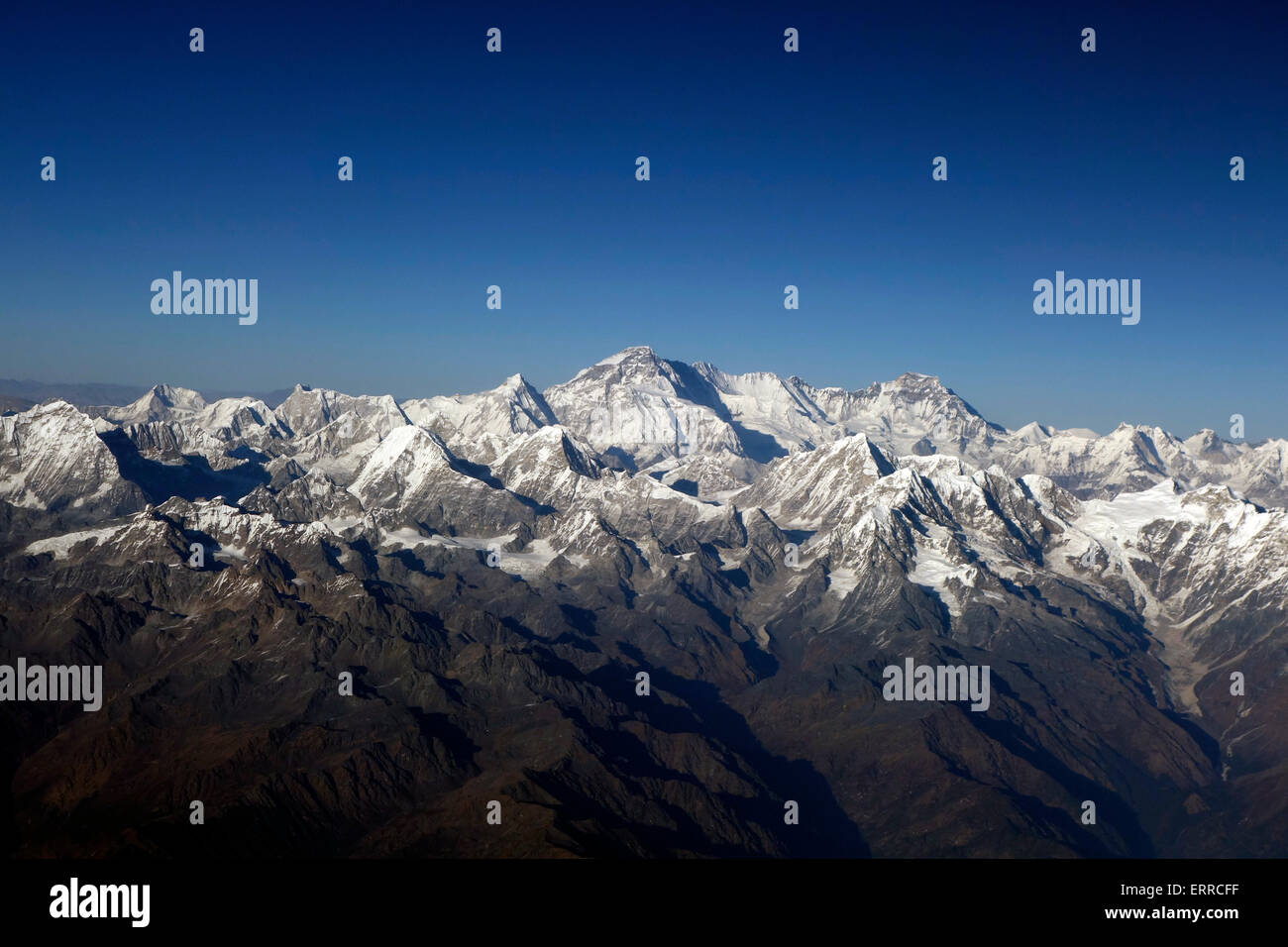 Aerial view of Mount Everest and the Himalaya mountains as seen from an ...