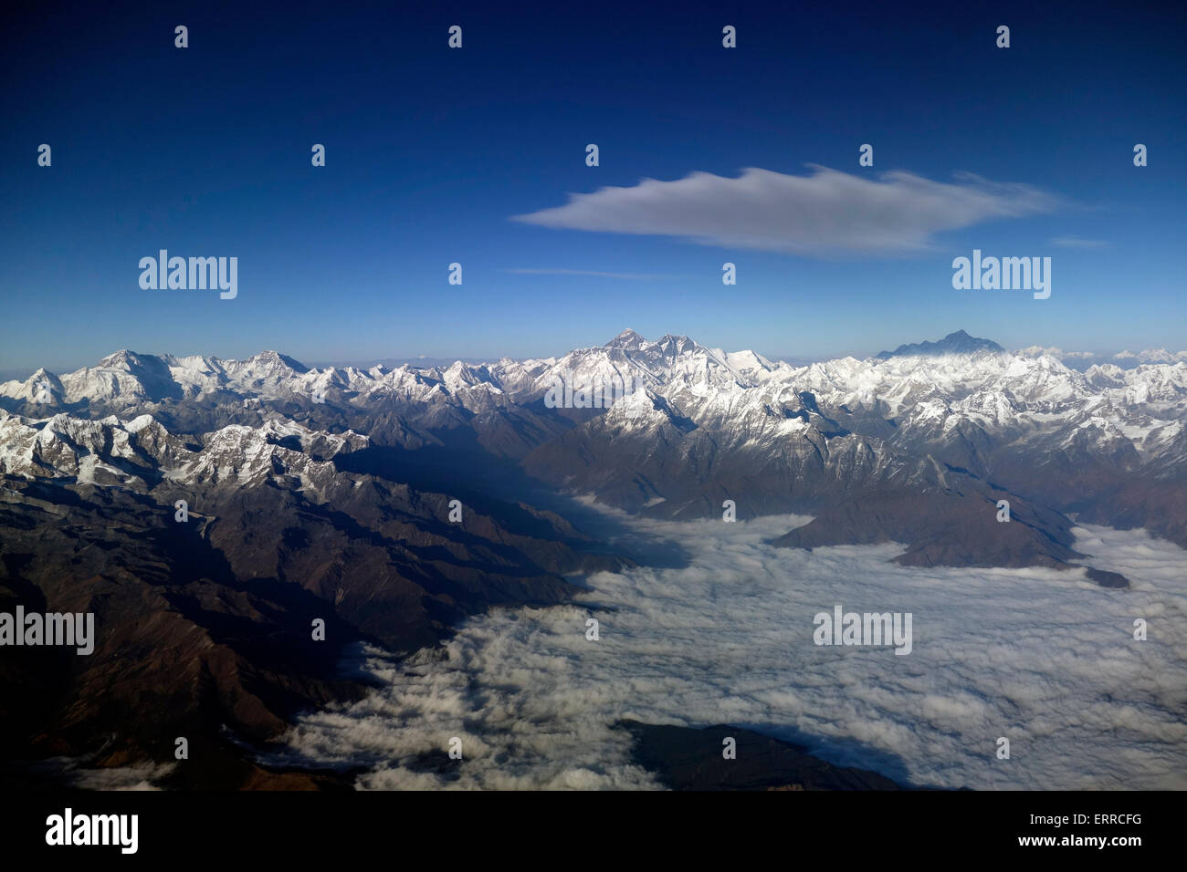 Aerial view of Mount Everest and the Himalaya mountains as seen from an ...