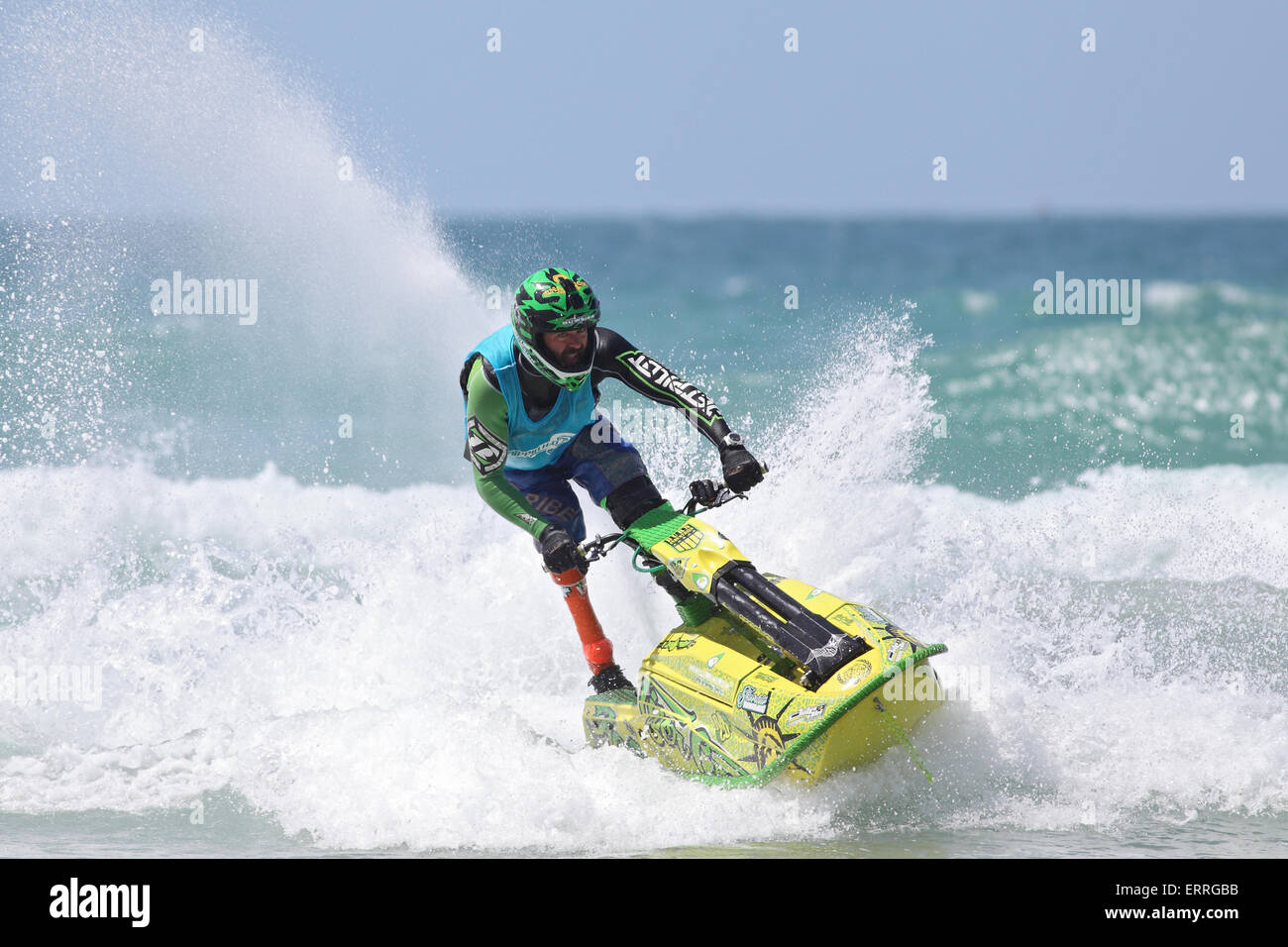 Fistral Beach, Newquay, Cornwall, UK. 7th June, 2015. Jet ski riders ...