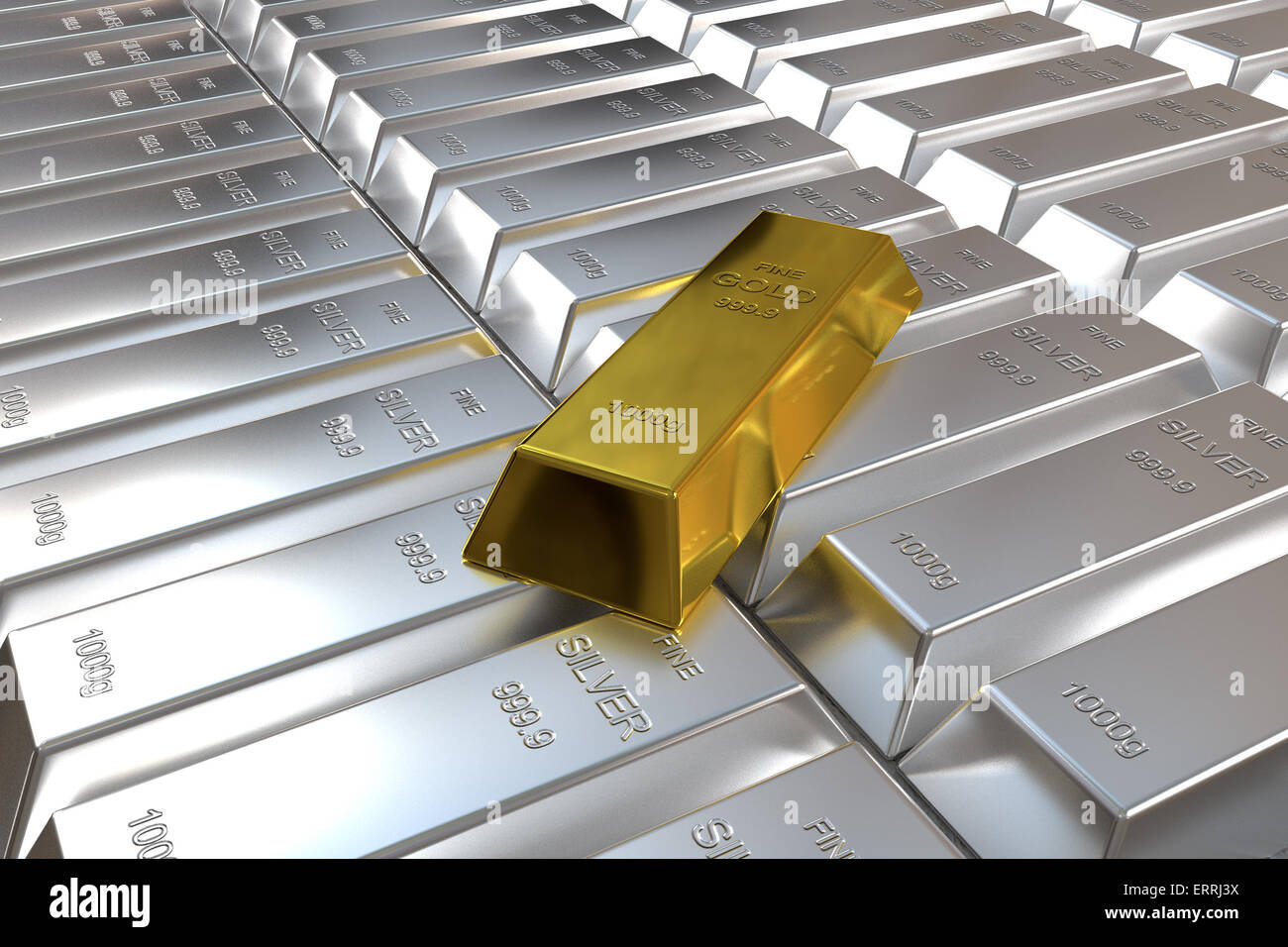 rows of rendered silver bars and one goldbar Stock Photo - Alamy
