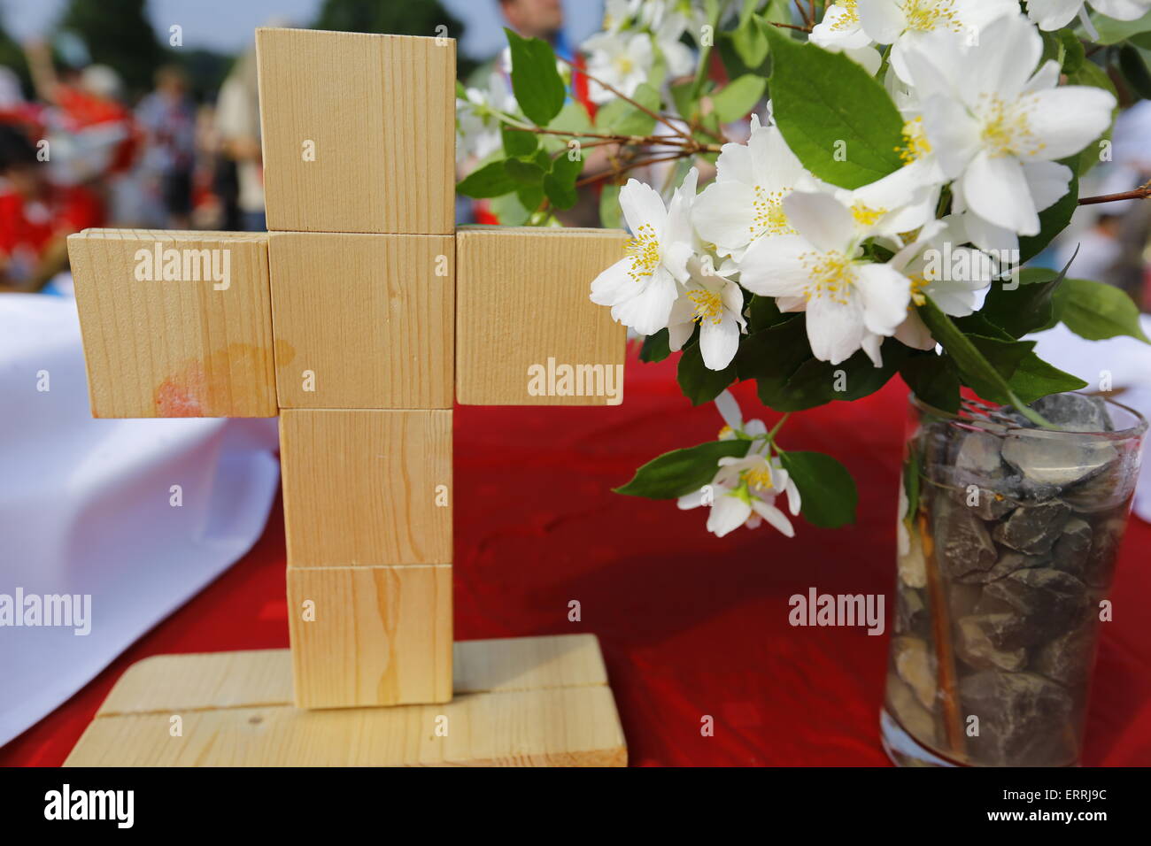Close-up of a cross on a small altar that is used for communion ...