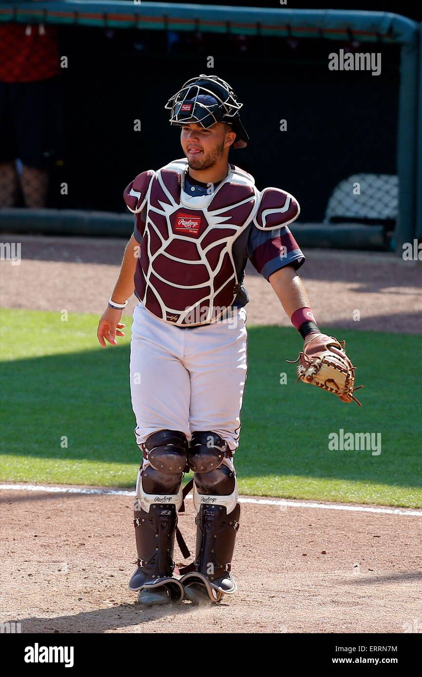 Jun, 2015: Bears catcher Eduardo Castro #5 raises his mask for a bit to ...