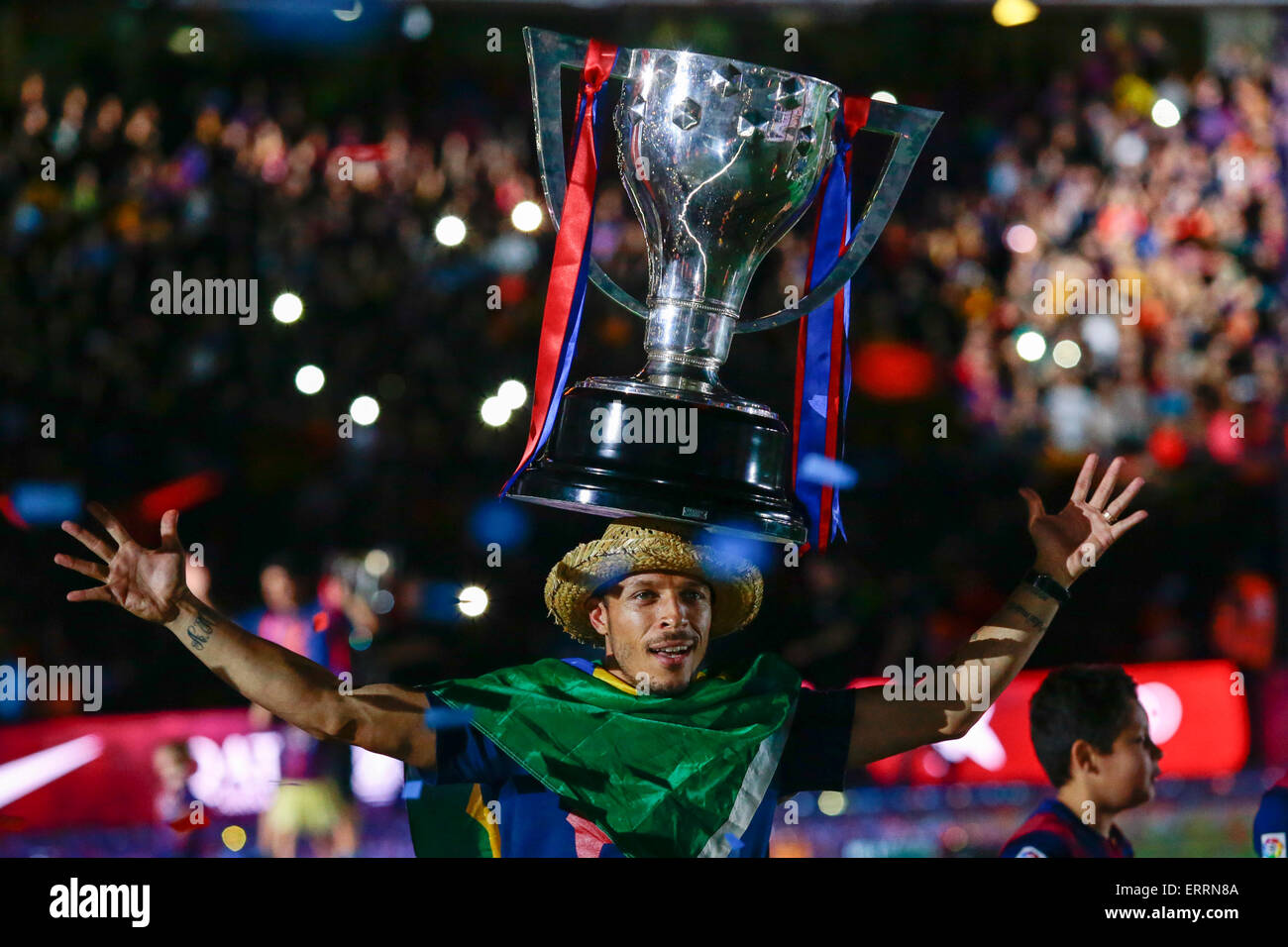Barcelonas adriano celebrates with the uefa champions league trophy hi ...