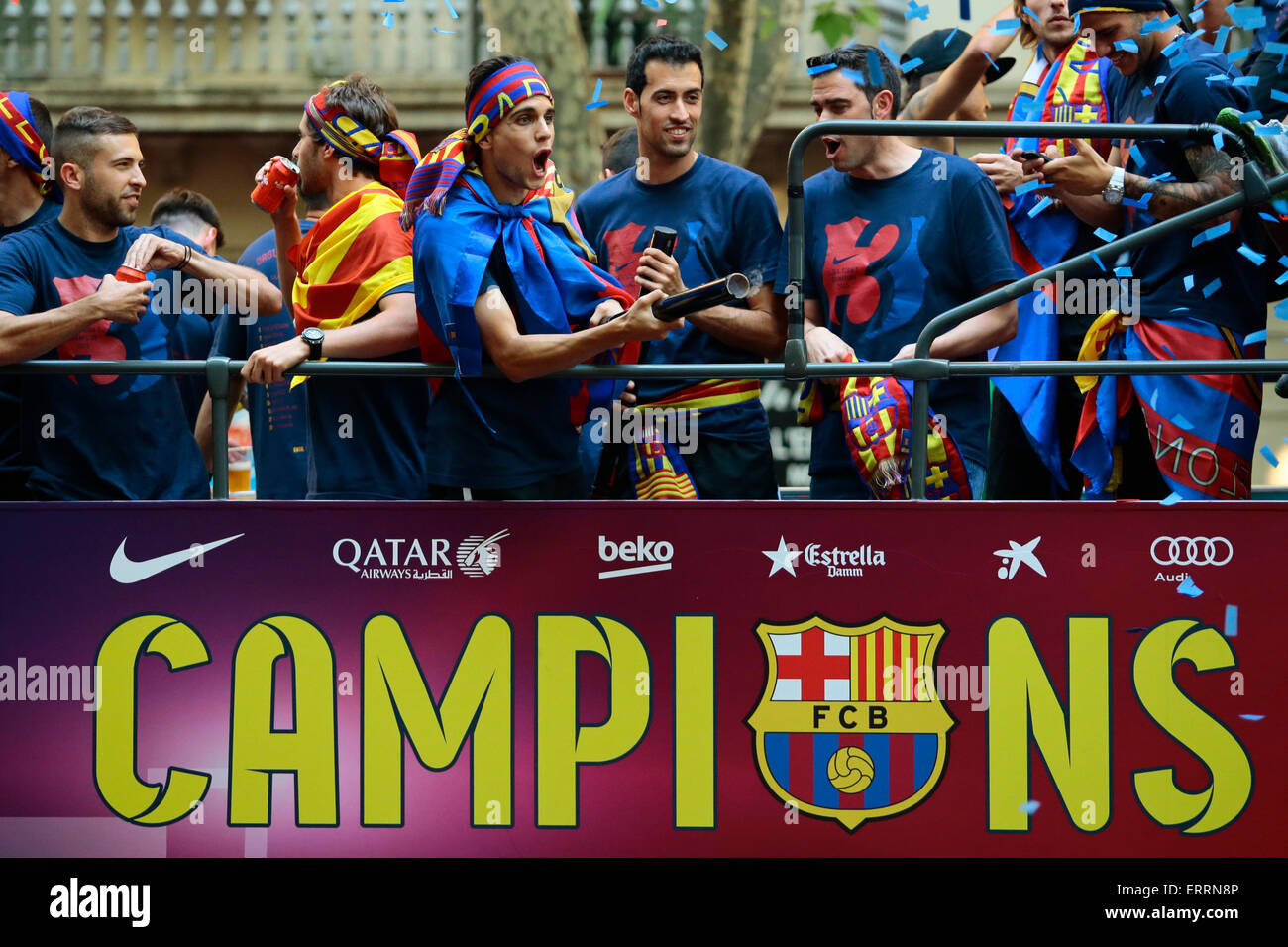 Barcelona, Spain. 7th June, 2015. FC Barcelona's players on a bus ...