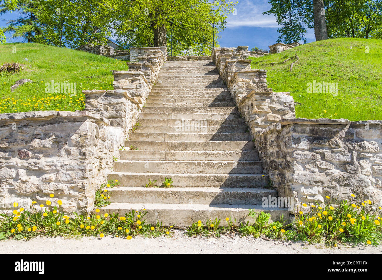 Medieval concrete stair in sunny springtime park Stock Photo - Alamy