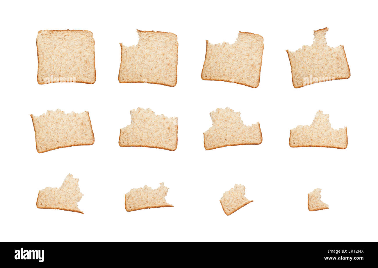 Sequence of biting a slice of wholemeal bread isolated on white ...