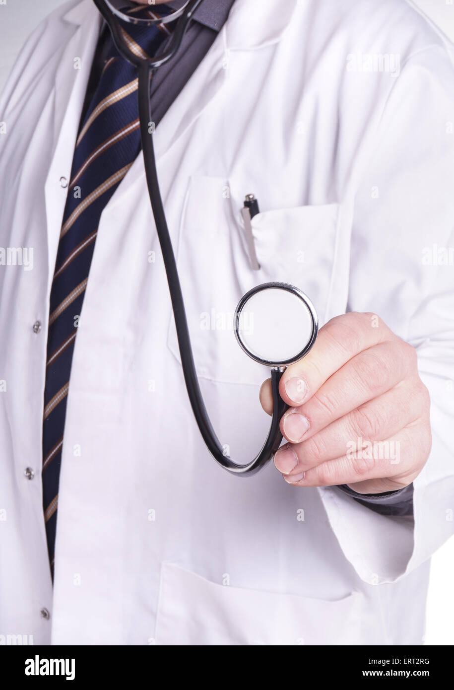 doctor with stethoscope in hand. Copy space and isolated Stock Photo ...