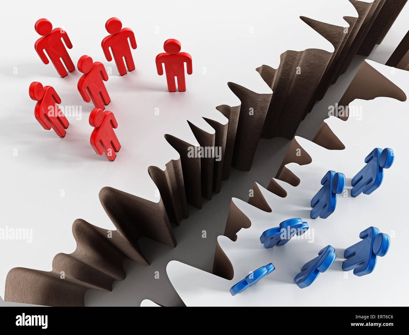 Red and blue colored stick figures separated by the cliff ...