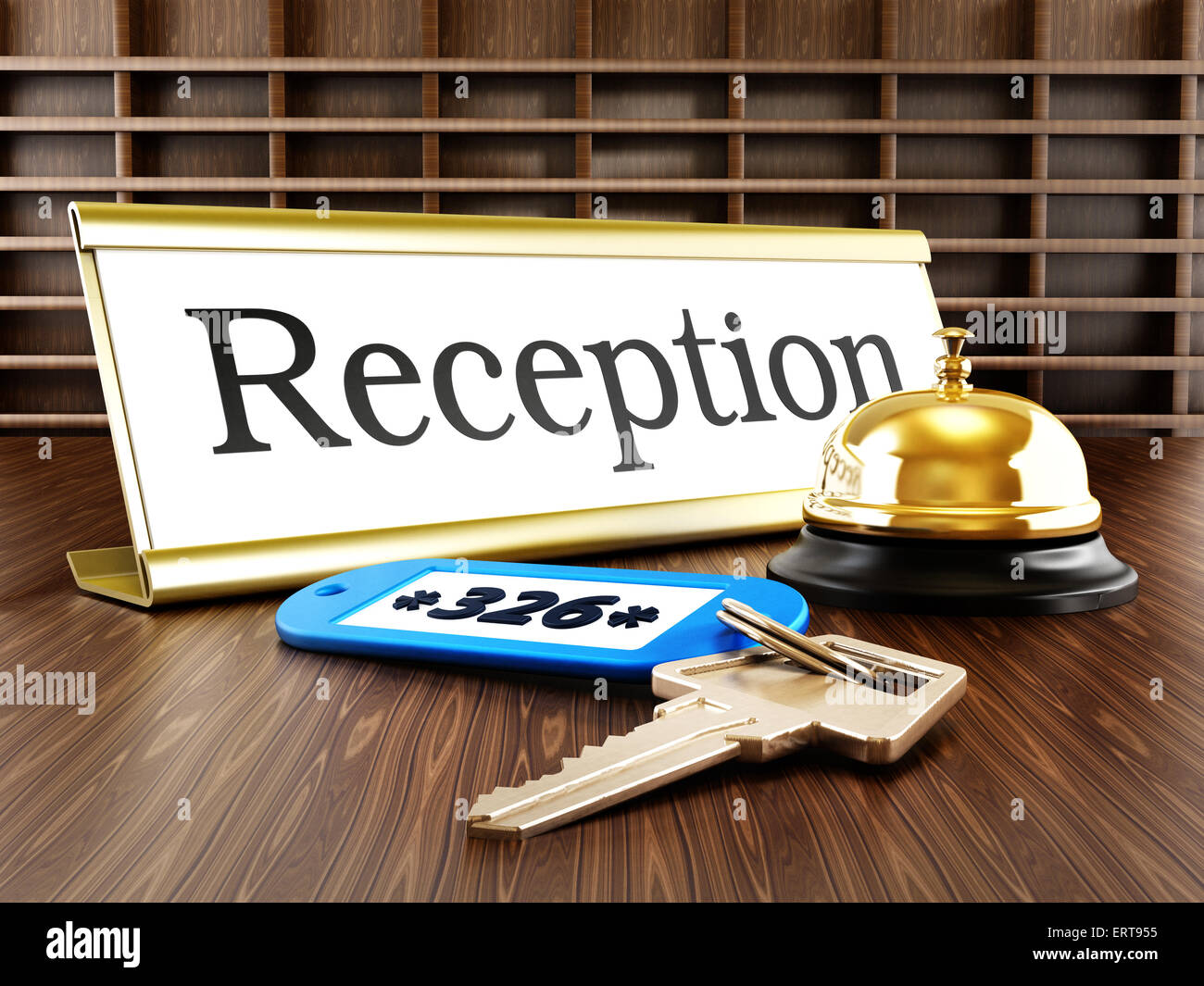 Hotel reception placard, service bell and room keys Stock Photo - Alamy