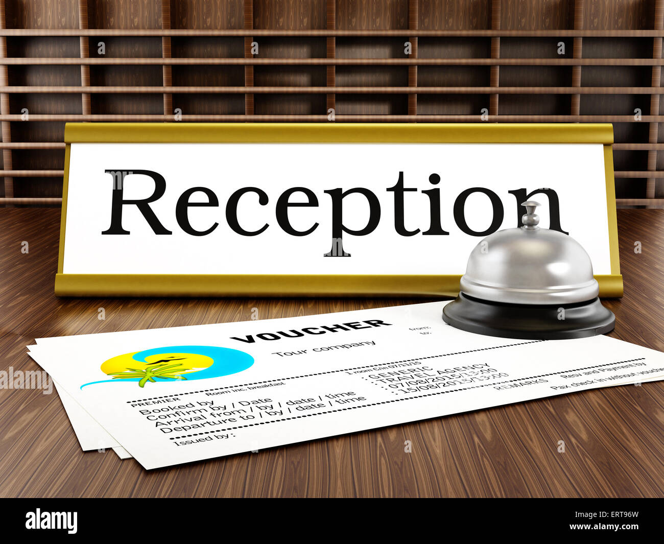 Hotel reception placard, service bell and voucher Stock Photo - Alamy
