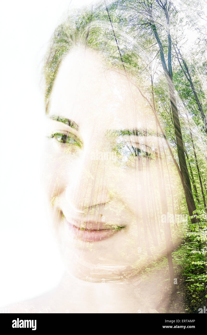 Double Exposure Portrait Of Young Woman And Forest Mountain Landscape ...