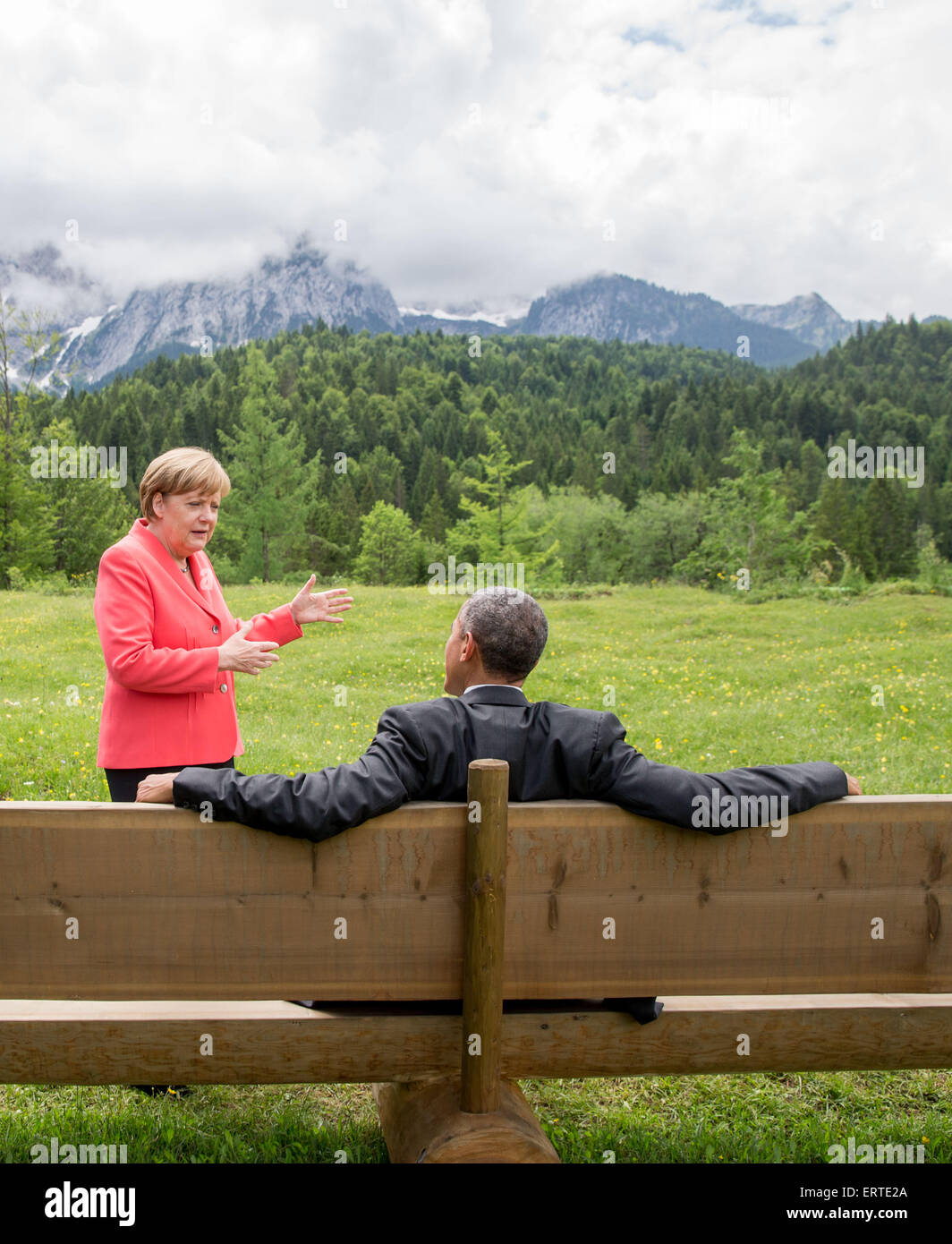 Elmau, Germany. 08th June, 2015. German chancellor Angela Merkel talks ...